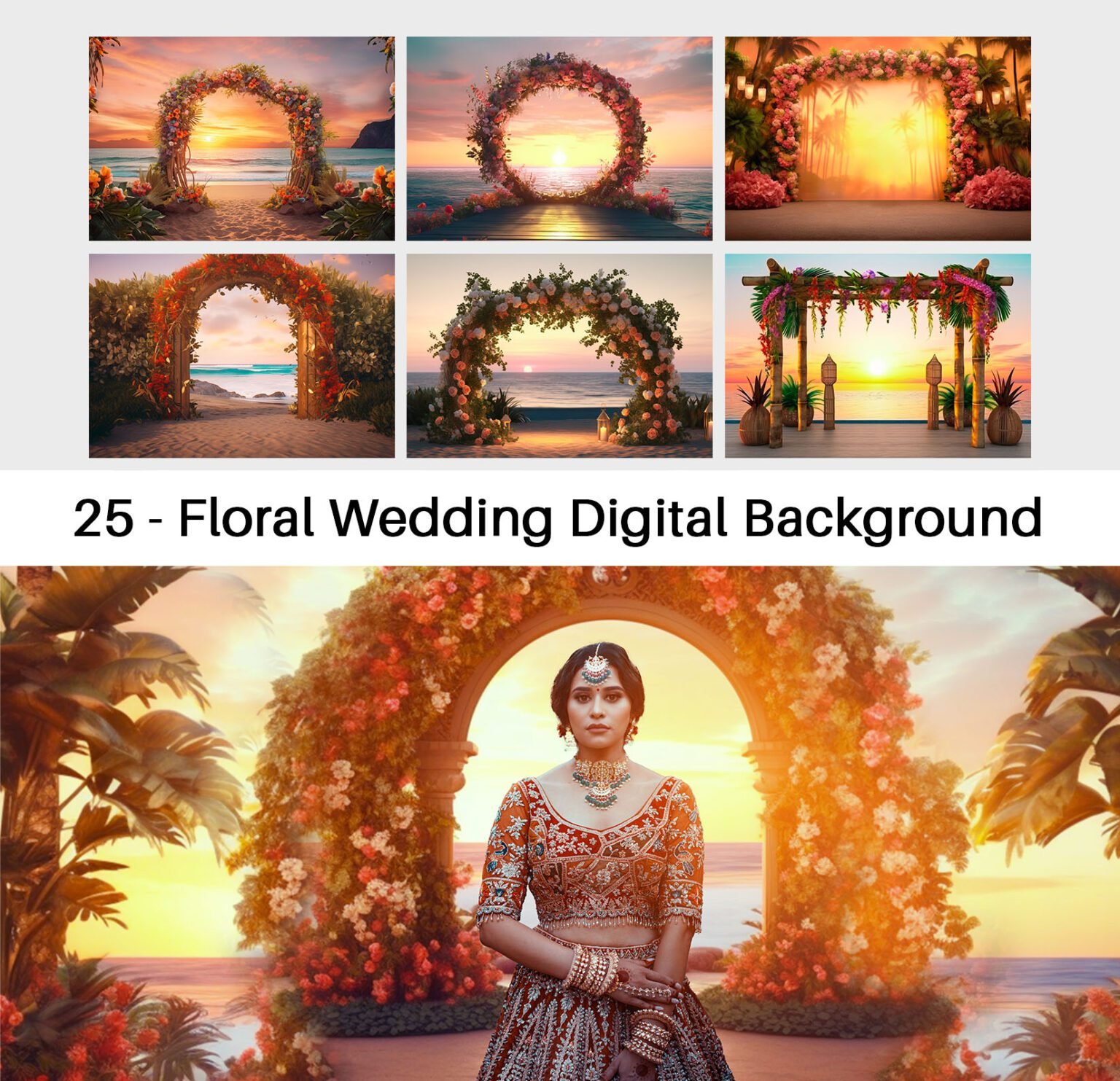25 Floral Wedding Digital Background Beach Backdrop AI Image - RC Design